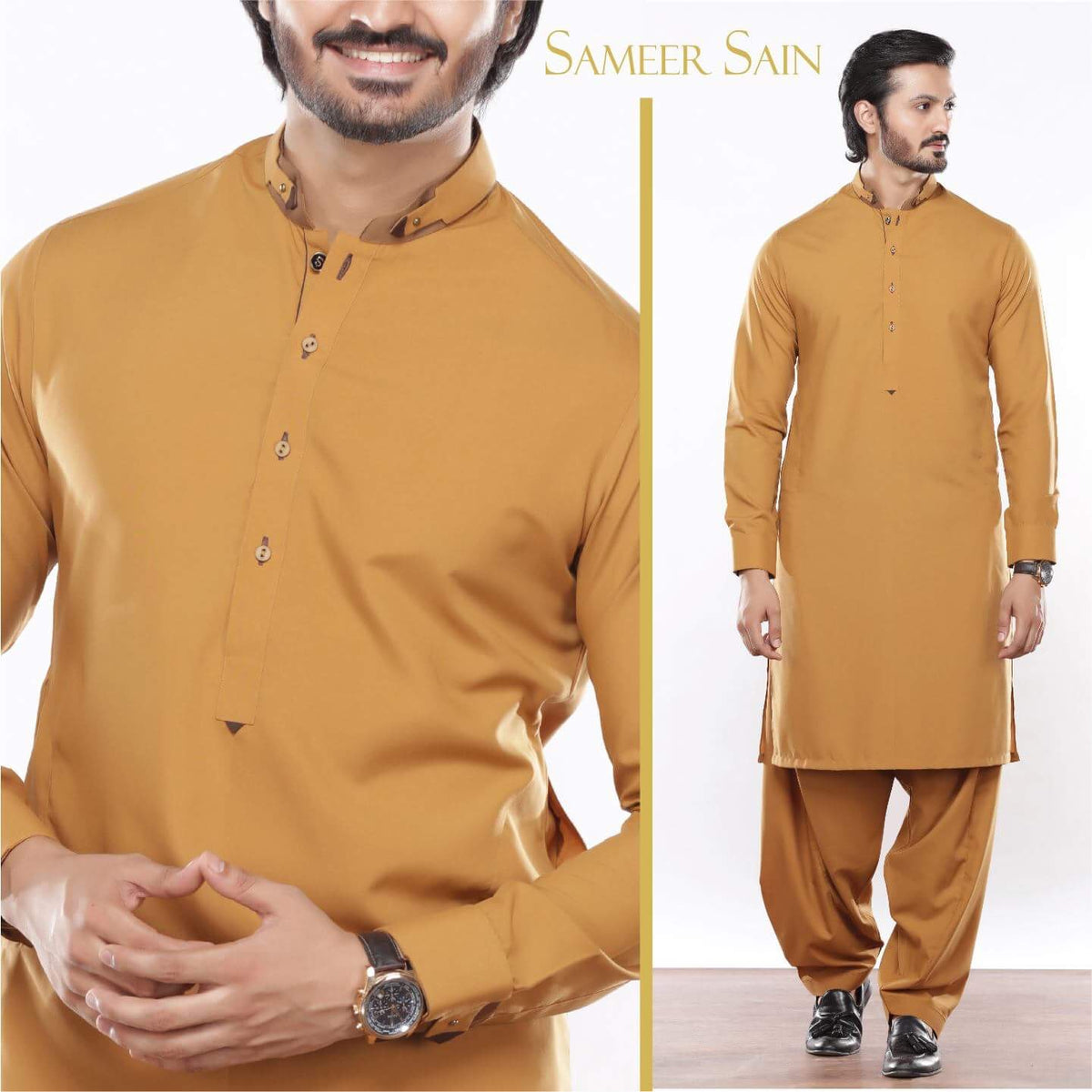 MUSTRED SHALWAR KAMEEZ – Sameer Sain