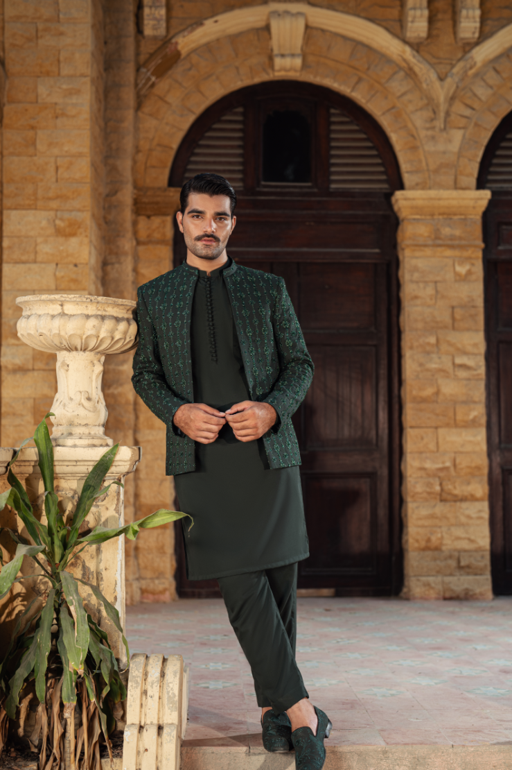 Bottle Green Striped Prince Coat – Sameer Sain