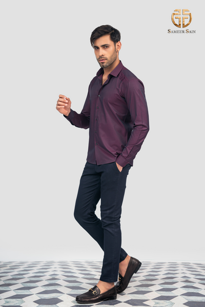 Deep purple self texture print fabric shirt – Sameer Sain