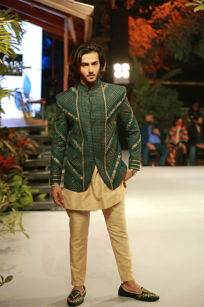 Green Art Work Golden Prince Coat – Sameer Sain