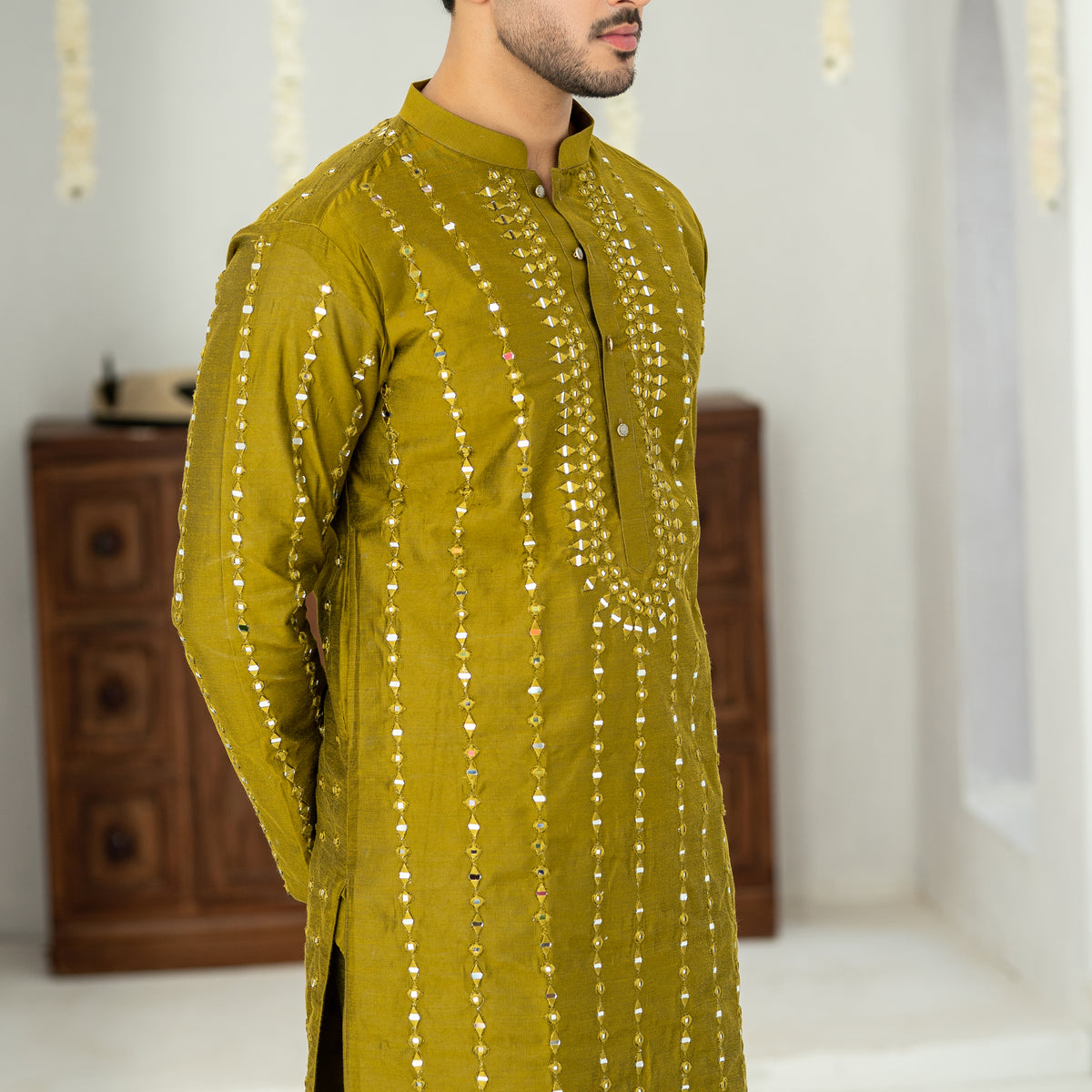 Dhani green mirror work gala stripes – Sameer Sain