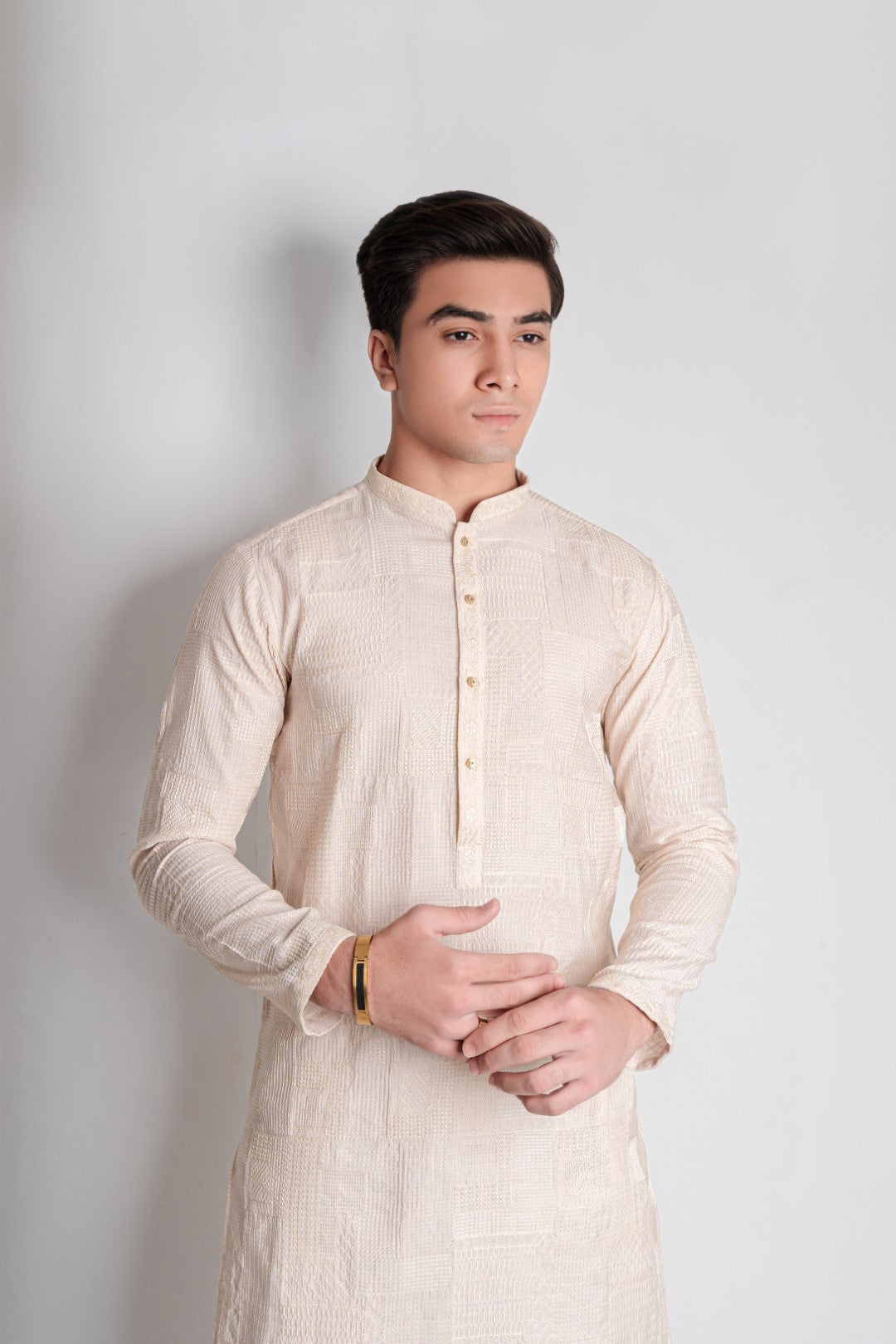 Skin colour patch work embroidered kurta and trouser. – Sameer Sain